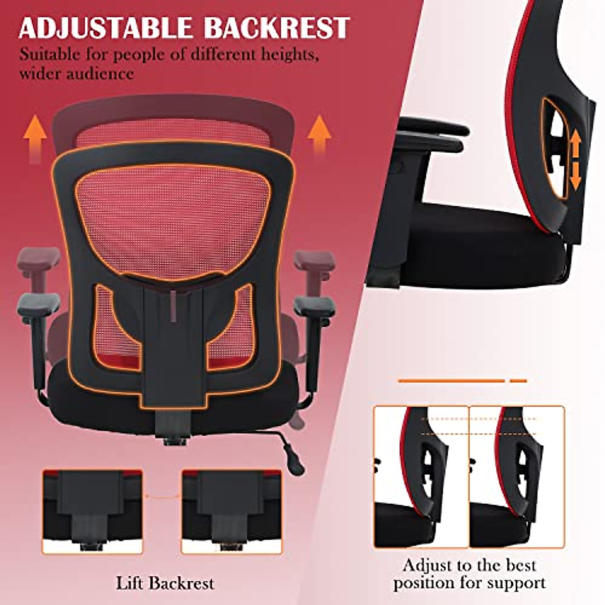 Big and Tall Office Chair 400lbs Wide Seat Ergonomic Desk Chair for Heavy People, Mesh Computer Chair with Lumbar Support, Adjustable Armrests Rolling Swivel Task Chair for Women, Red