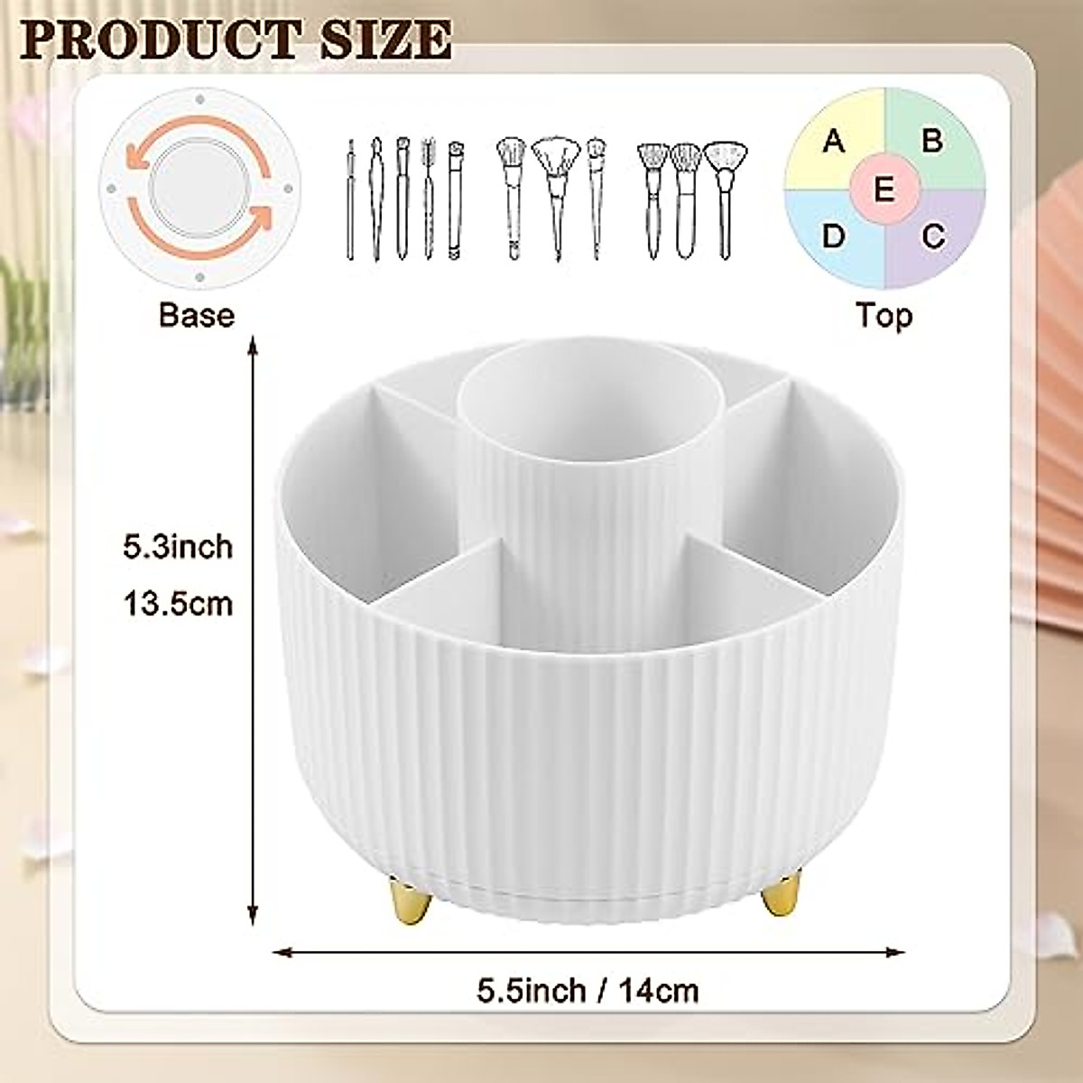 Cerpourt Makeup Brush Organizer,5 Slots 360° Rotating Desk Pen Holder,Makeup Brushing Holder,Cosmetic Brushes Storage Holder,Cute Pencil Cup Pot,Desk Organizer and Accessories for Vanity (White)