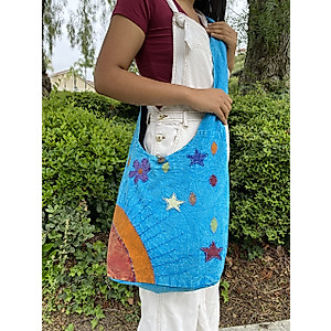 Elements of Nature Bohemian Hand-Stitched Hippie Hippy Shoulder Crossbody Monk Handbag in Blue Large