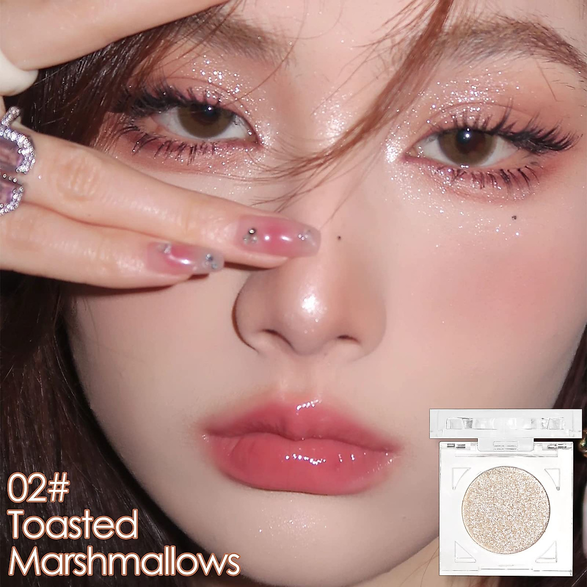 Erinde Shimmer Glitter Eyeshadow Palette, Korean Eye Glitter Makeup, Ultra-Blendable, Sparkle Silver Champagne Gold Eye Shadow, Single Shade Metallic Pigmented Color, 02#