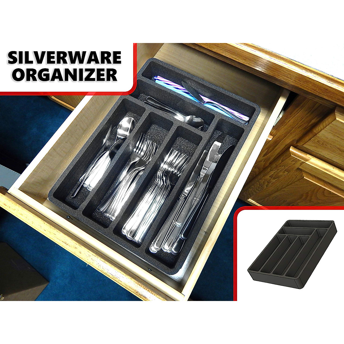 Red Hound Auto Silverware Drawer Organizer 6 Slot Organizational System Utensil Flatware Dividers for Forks Knives RV Non-Slip Tray 15 x 11 x 2.25 Inches Extra Deep Waterproof