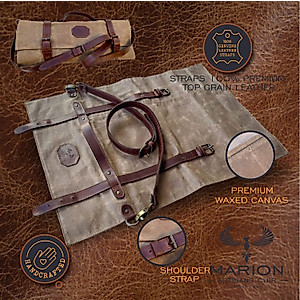 Lynx Soul MARION - LE VOYAGEUR BLACK - Waxed Canvas with Genuine Calf Top Grain Leather - Handmade Professional Chef Knife Storage Roll Bag - 8 Pockets and Zippered Pocket