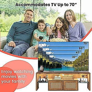 Lyromix LED TV Stand for Televisions up to 70 Inches Modern Rattan Entertainment Center with Cabinet Storage and 2 Door, Large Boho Media Console Table for Living Room, Natural