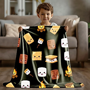 Sofcozlush Cute S'Mores Blanket Marshmallow Cookie Blanket Black Soft Plush Fuzzy Flannel Fleece Throw Blanket for Couch Food Blanket 50"x40" for Kids