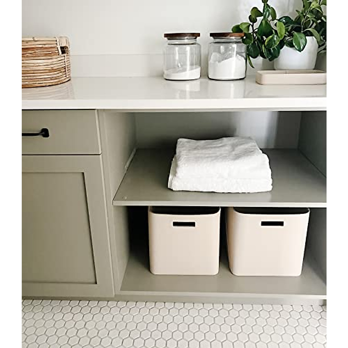 Chloe and Cotton Vegan Leather Storage Bin | Living Room Storage Container | Sturdy Basket with Handles | Decorative Bin for Shelves, Bookcases & Cubbies | Beige