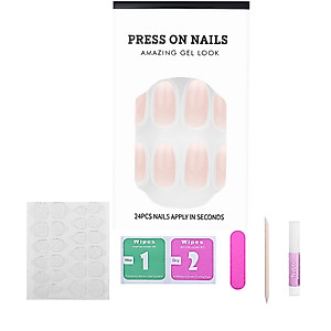 24 Pcs Press on Nails Medium, Sunjasmine Almond Fake Nails with Glue, Pink White Gradient False Nails with Designs, Acrylic for Women