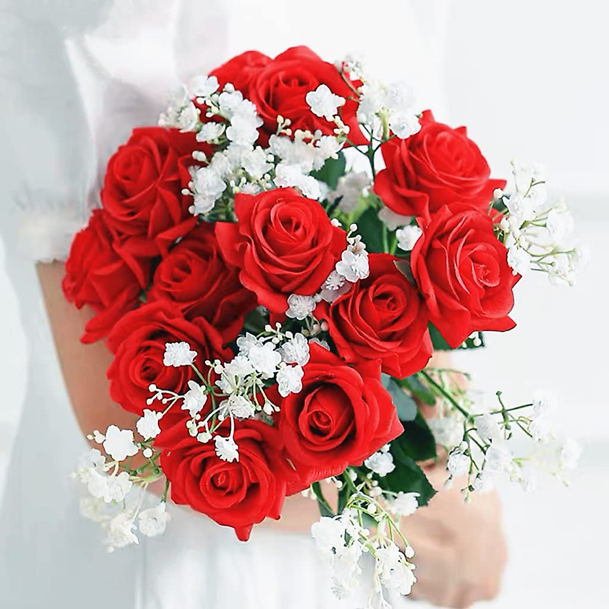 Jasion Artificial Roses 10 Heads Faux Flower Arrangement Silk Bouquet for Home Office Parties and Wedding Decoration (Red)