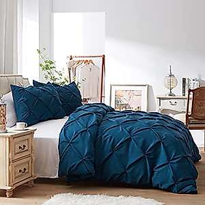 SunStyle Home Pinch Pleated Duvet Cover Navy Blue 3 Pieces Duvet Covers Queen Size Soft Microfiber Luxury Duvet Cover with Zipper Closure & Corner Ties for All Season(1 Duvet Cover, 2 Pillow Shams)