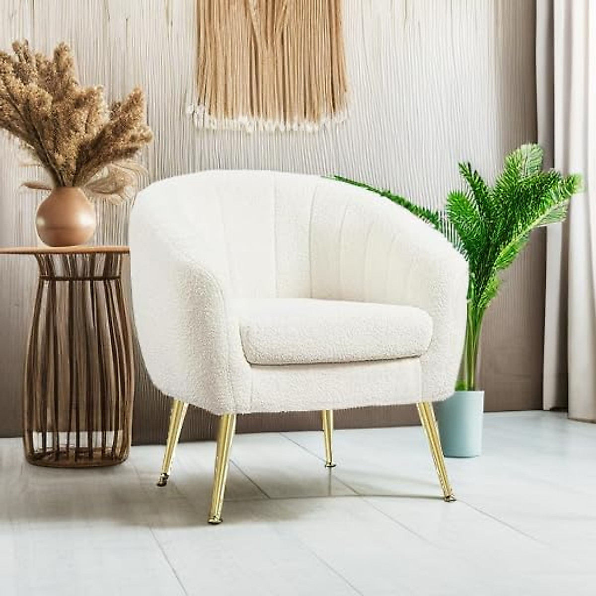 Yaheetech Sherpa Fabric Accent Chair, Modern Cozy Vanity Chair with Gold Metal Legs, Boucle Fabric Armchair with Removable Seat Cushion for Living Room Bedroom Office Guest Room, Ivory