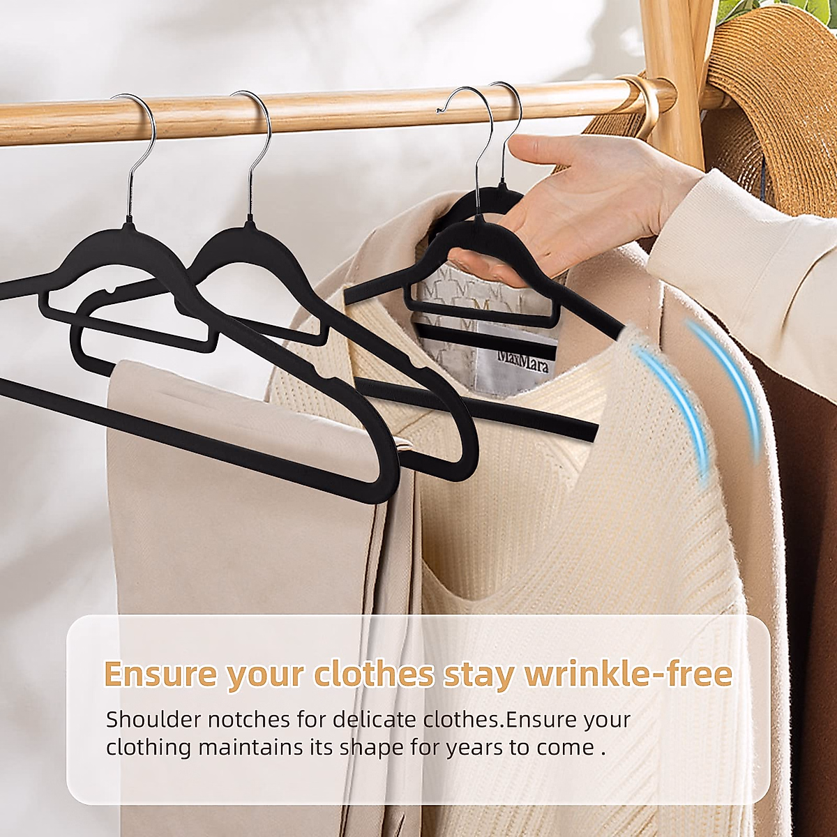 JohneyRulu Velvet Non-Slip Black Hangers - Space-Saving Heavy-Duty Suit Hangers with 360° Swivel Hook - 20 Pack