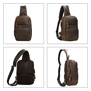 Hespary Vintage Full Grain Leather Sling Bag Men’s Travel/Hiking Chest Daypack