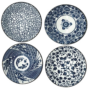 Set of 4 Porcelain Japanese Bowls W Gift Box for Ramen Noodle Udon Noodle Rice Vietnamese Soup Cereal Pho Popcorn Oatmeal (Traditional Blue and White)