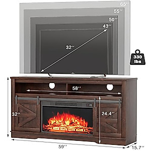 YESHOMY Fireplace TV Stand for Television up to 65+ Inch with Storage and Farmhouse Sliding Barn Doors, Entertainment Center with Cabinet and Shelves, Media Console for Living Room, Dark Brown