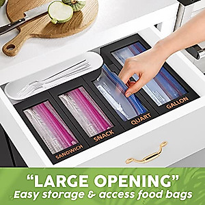 Bamboo Ziplock Bag Storage Organizer for Kitchen Drawer, 4 Separate Food Storage Bag Organizer, 12x14" Baggie Organizer Dispenser for All Brands Gallon, Snack, Sandwich & Quart Slider Bags Black