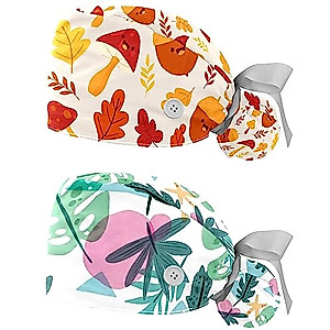 Scrub Cap Women, 2 Packs Lovely Acorn & Leaves Bouffant Hat with Ponytail Pouch, Cotton Working Hat Sweatband
