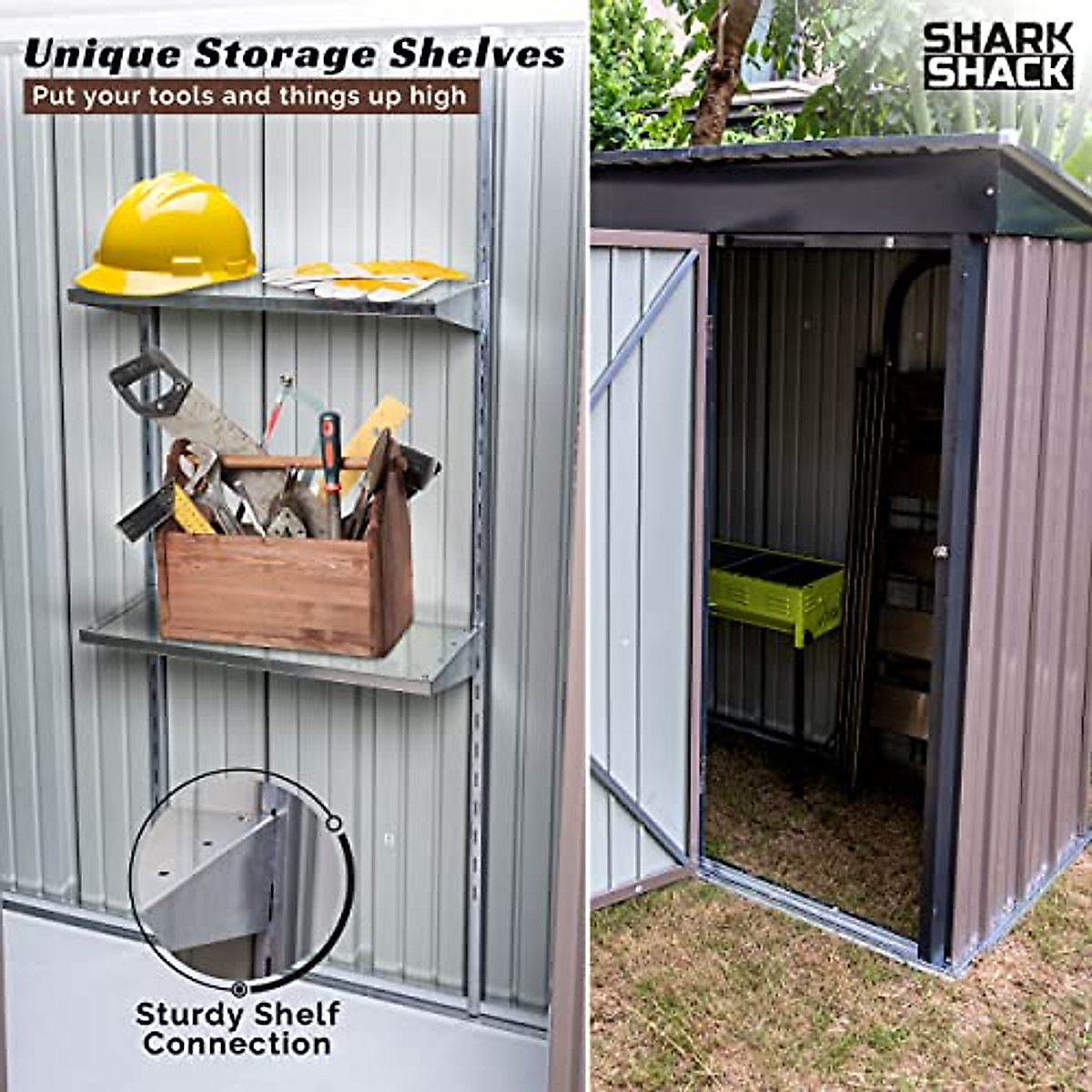 Shark Shack Outdoor Storage Shed | 6x5.3x3 ft Outdoor Shed with 2 Adjustable Shelves | Anti-Rust Steel Garden Shed | Sheds & Outdoor storage clearance for Garden Tools and Lawnmower - Black/Grey