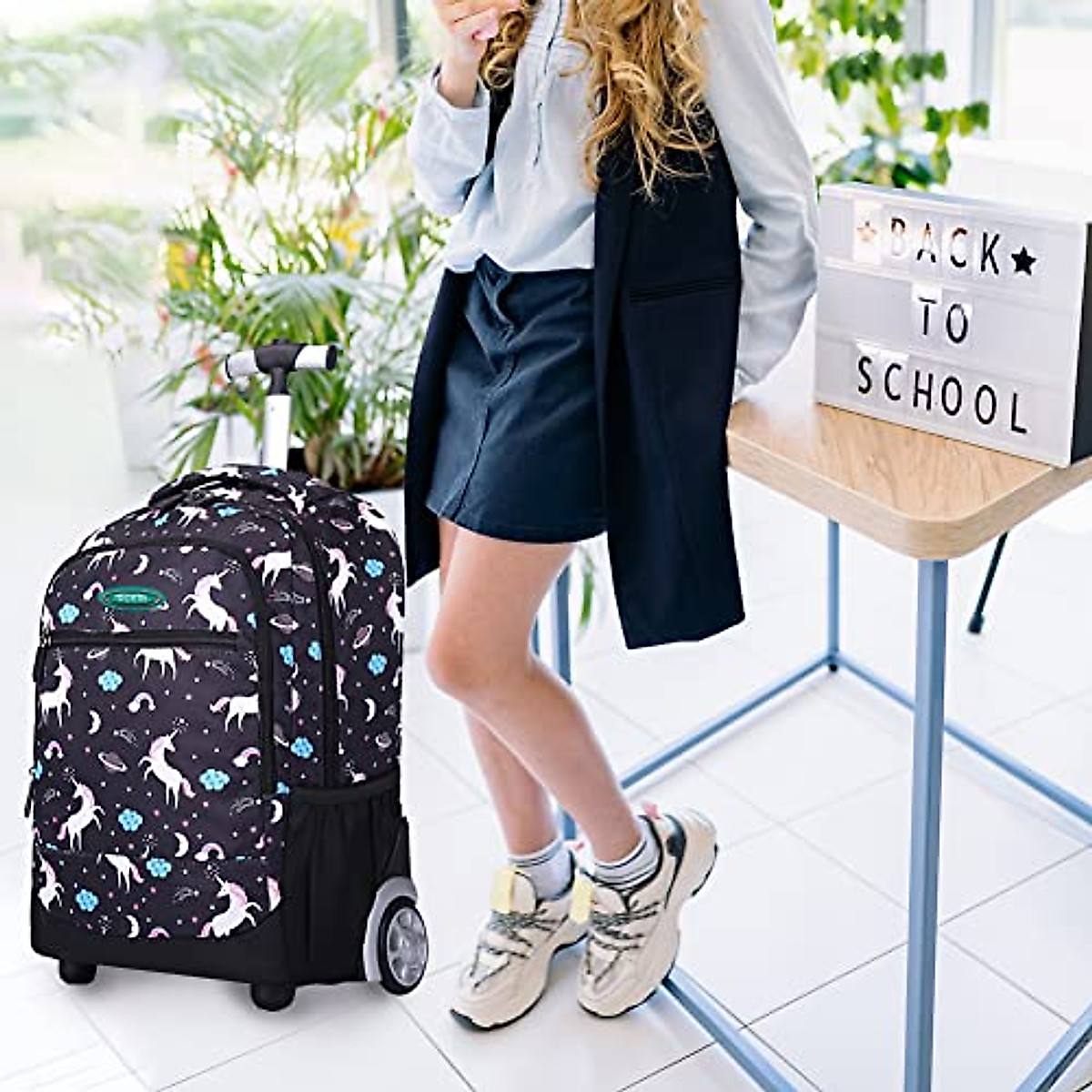 Tanou Rolling Backpack for Kids Adults, 18" Waterproof Backpack with Wheels for Girls Boys, Roller Bookbags for School Travel, Age 7+, Black Horse