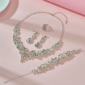 Paxuan Crystal Rhinestone Women Jewelry Sets for Wedding Bridal Party Bridesmaids Crystal Necklace Earrings Bracelets Rings Jewelry Set for Mother’s Day