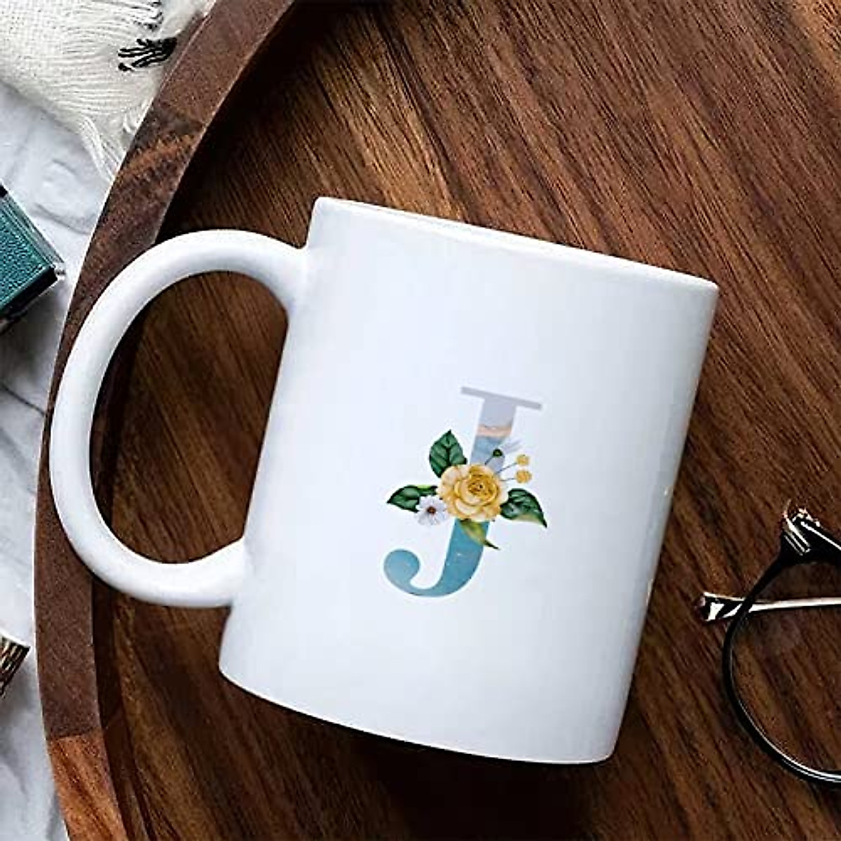 YELLOW Floral Monogram Letter - J White Mugs Coffee Mug Alphabet Letter Mockup Mug Cup Mockup Xmas Gift Stocking Stuffer Mug Stocking Stuffer Gift 11oz