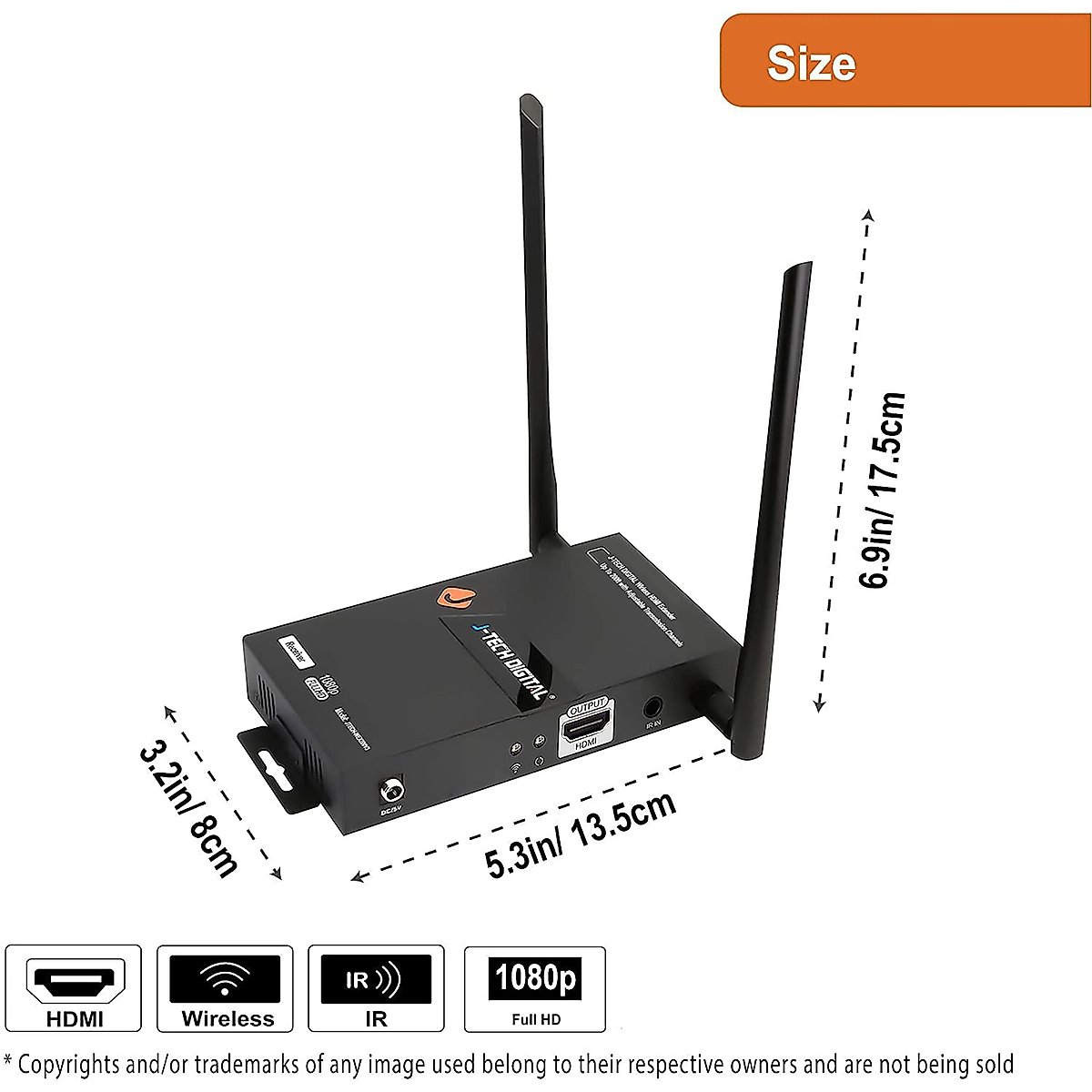 J-Tech Digital 1X2 Wireless HDMI Extender 200' Dual Antenna Supporting Full HD 1080p with HDMI Loop Output IR Passthrough (Receiver Only 1080P 200ft)