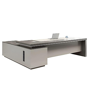 CraftThink Modern Executive Office Desk, Gray Wood L Shaped Office Desk with Drawers and Storage, Pedestal Base, Cable Management, Without Chairs 86.5" L x 63" W x 29.5" H (Right Hand Return)