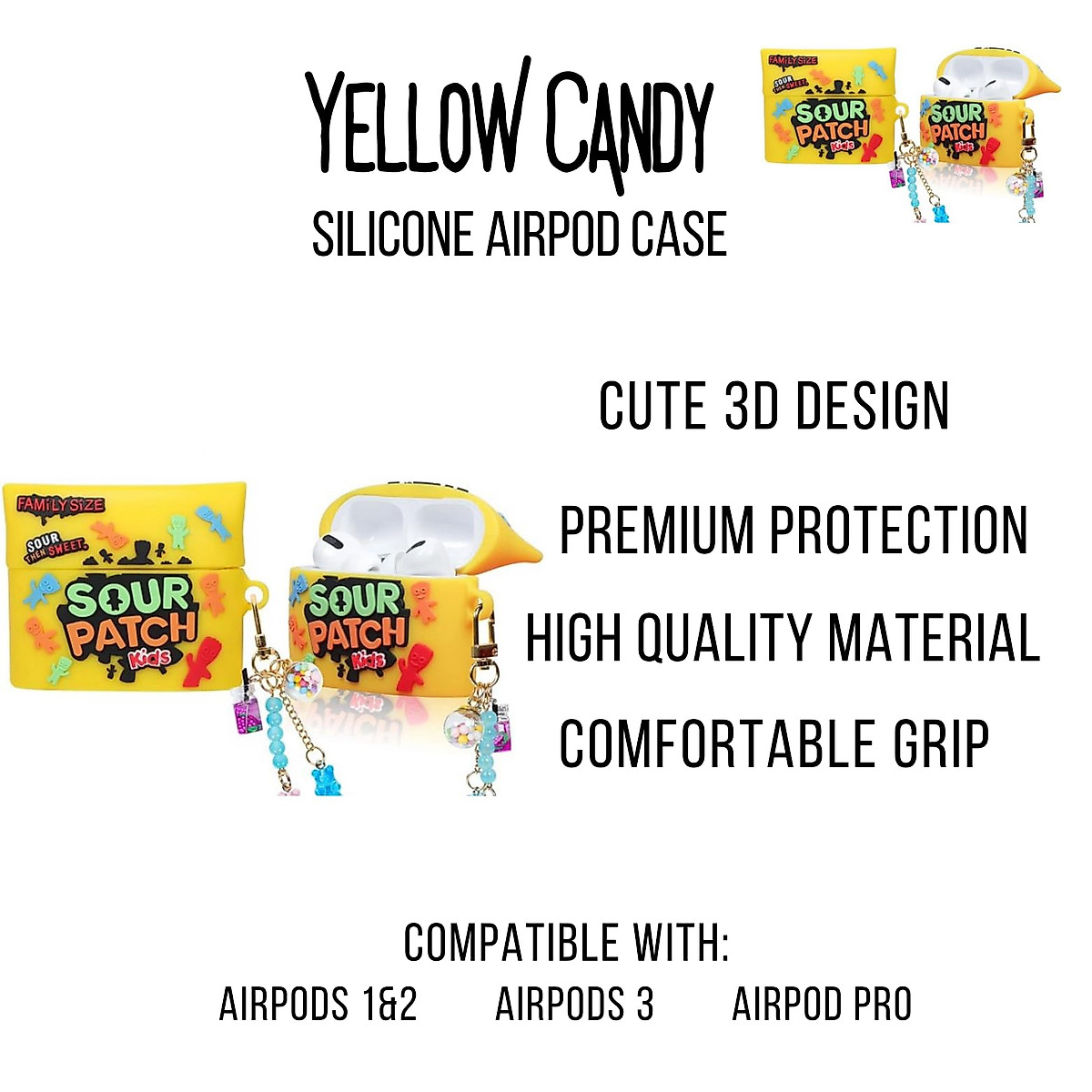 Sweet Body Yellow Candy AirPod Case 3D Cartoon Funny Kawaii, Shockproof Protective Soft Silicone Case Skin Designed with Trendy Candy Keychain for AirPods 1&2, AirPods 3, and AirPods Pro (Airpod 3)