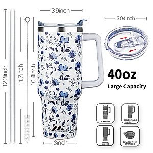 StarSpeed 40 oz Tumbler with Handle and Straw Lid | Stainless Steel Water Bottle Travel Mug Reusable Insulated Cup With Lid And Straw, Keep Cold Heat and Ice for Hours(40oz,Porcelain)