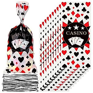 100 Pieces Casino Themed Cellophane Bags Poker Party Treat Bags Las Vegas Party Plastic Candy Bags with 150 Pieces Silver Twist Ties for Chocolate Candy Snacks Cookies Casino Themed Party Supplies