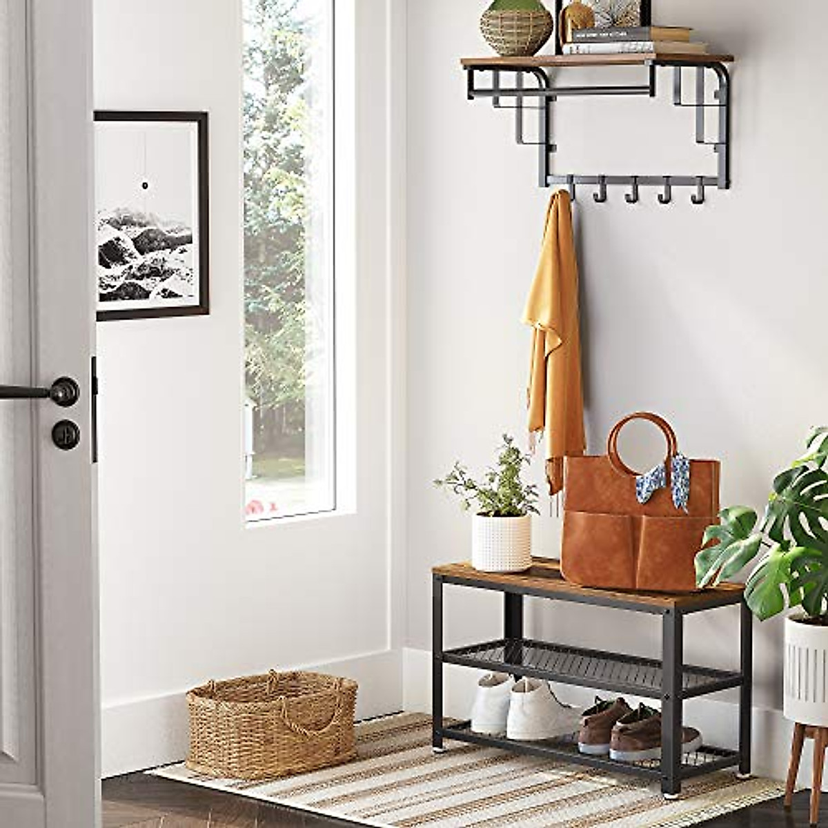 VASAGLE Shoe Bench, 3-Tier Shoe Rack 28.7” Long, Shoe Shelf Storage Bench with Metal Mesh Shelves and Seat, Wood Free Standing Shoe Organizer for Entryway, Indoor, Living Room, Rustic Brown and Black