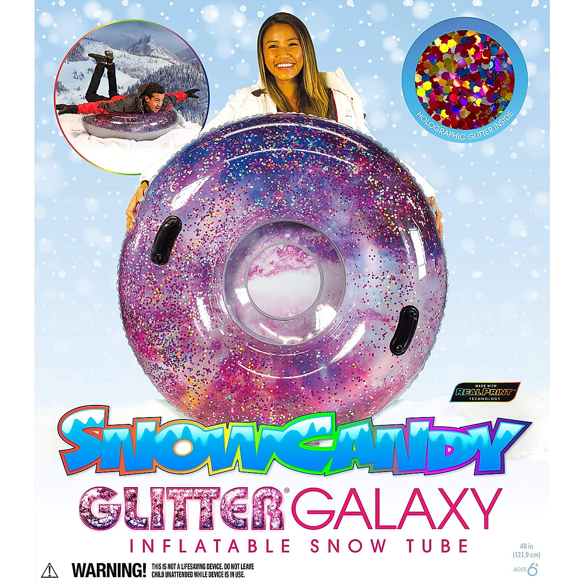 Winter Fun Inflatable Glitter Filled Pink Galactic Snow Tube. Jumbo 48 inch Snow Tube for Kids or Adults. Include Sure Grip Handles for Maximum Safety.