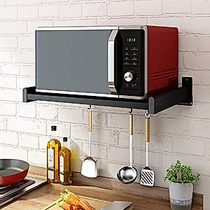 ZSQAI Microwave Oven Rack Kitchen Countertop Storage Organizer, Storage Shelf over Microwave with 3 Hooks, Save Space Durable Black Space Aluminum