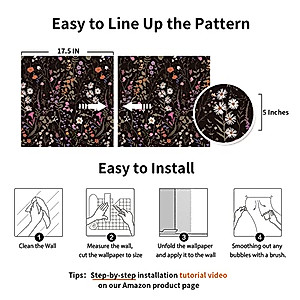 Floral Peel and Stick Wallpaper Boho: 118" X 17.7" Removable Wallpaper Easy Peel Off wallpaper for Bedroom Black Wallpaper Dark Wild Flowers Self Adhesive Contact Paper Renter Friendly Wall Paper