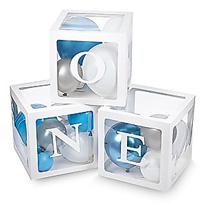 Keencopper First Birthday Decorations For Boy Or Girl, 3 Pcs ONE Balloon Boxes For 1st Birthday, Baby Clear Blocks Party Decor With ONE TWO Letters For Photoshoot Props, Cake Smash Backdrop