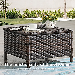 Rilyson Outdoor Ottoman Wicker Patio Ottomans - 2 Piece Footrest Footstools Set Rattan Outdoor Ottomans for Patio with Thick Cushions(Brown/Red)
