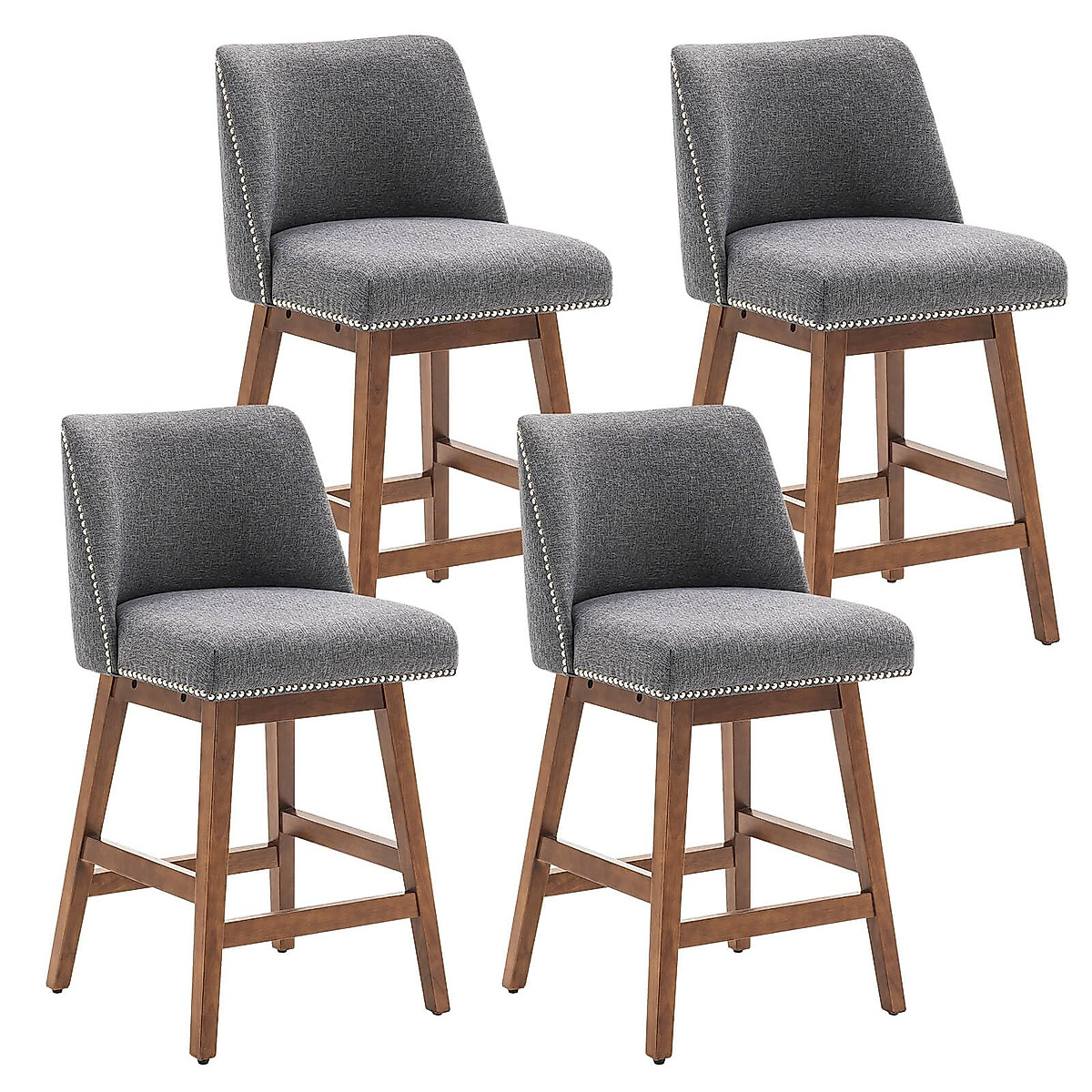 SENYUN Swivel Bar Stools Set of 4, 26" Counter Height Bar Stools with Back, Linen Fabric Upholstered Seat Barstool with Wooden Base for Kitchen Island Dining Room Pub