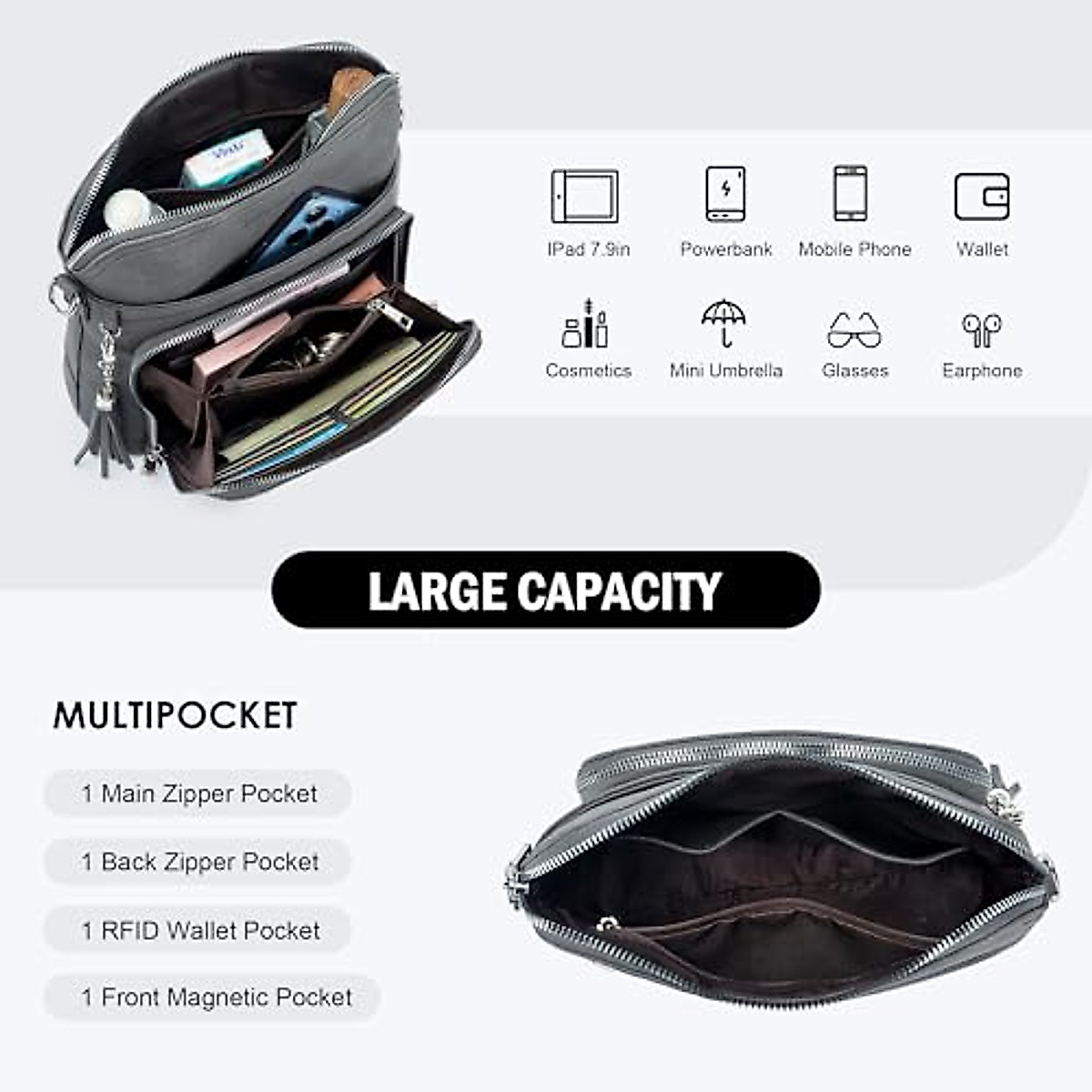 Roulens Crossbody Bag for Women,Lightweight Medium Crossbody Purse Soft Leather Women's Shoulder Handbags with Tassel