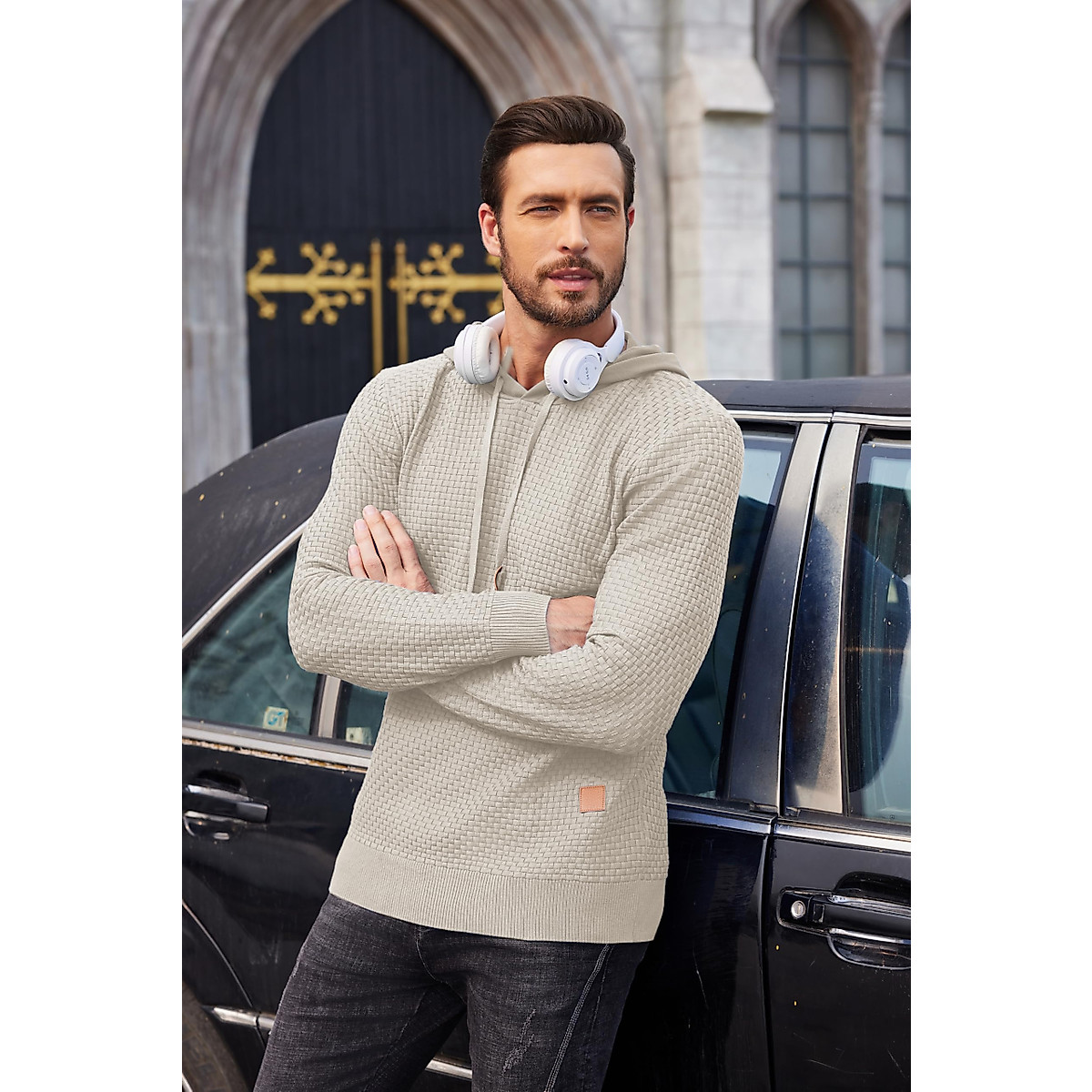 COOFANDY Men's Hooded Sweatshirts Long Sleeve Casual Waffle Pullover Hoodie Lightweight Hoodies Knitted Sweatshirt