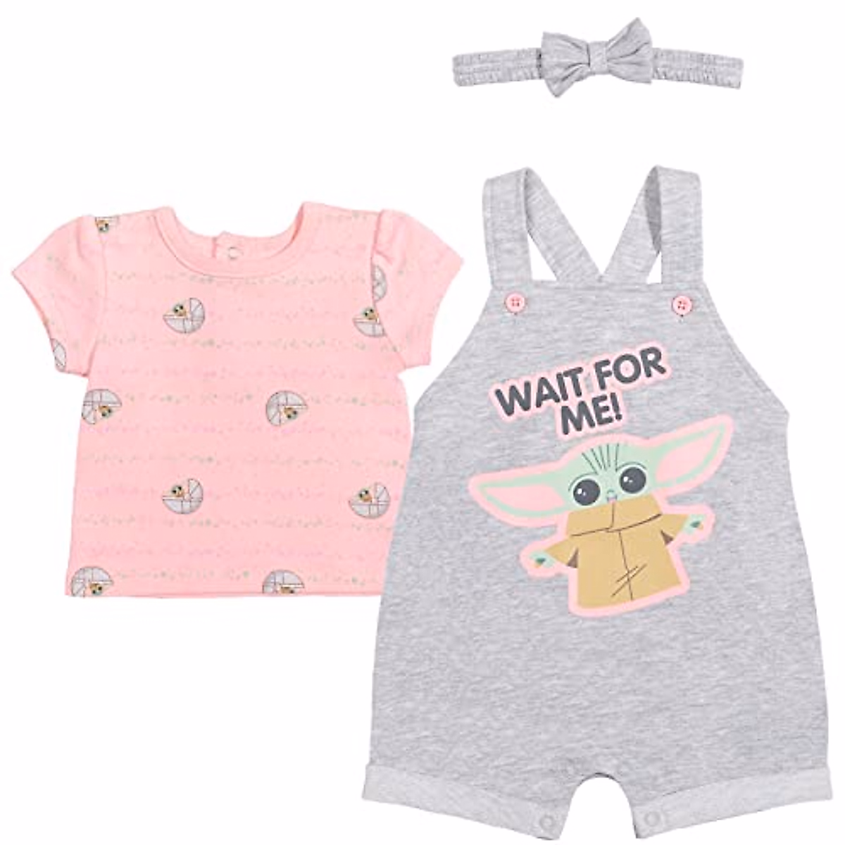 STAR WARS The Child Infant Baby Girls French Terry Snap Short Overalls T-Shirt and Headband 3 Piece Outfit Set Light Gray 18 Months