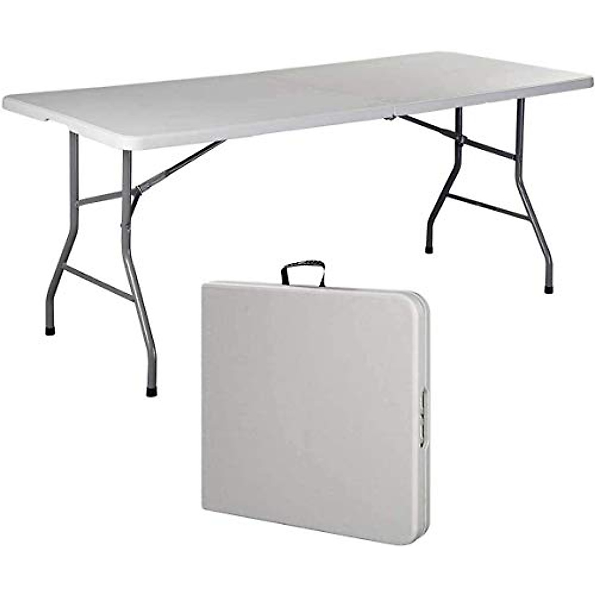 eZone Indoor Outdoor Heavy Duty Portable Folding Plastic Dining Table w/Handle, Lock for Picnic, Party, Camping - White (8 Ft)