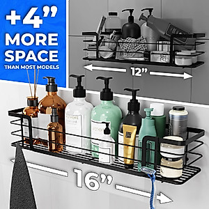 Cucino Extra-Large Shower Caddy 2-Pack - 16-Inch Rust-Resistant Black Shower Shelves for Inside Shower, Adhesive Organizer with 4 Removable Hooks, XL Shower Racks for Inside Shower