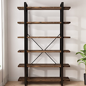 AY-AOYUAN Solid Wood Bookcase and Book Shelves Wood and Metal Shelving Unit 5 Tier Bookshelf Modern Rustic Open Bookshelf Office,Distressed Brown (AY-02-6Tier)