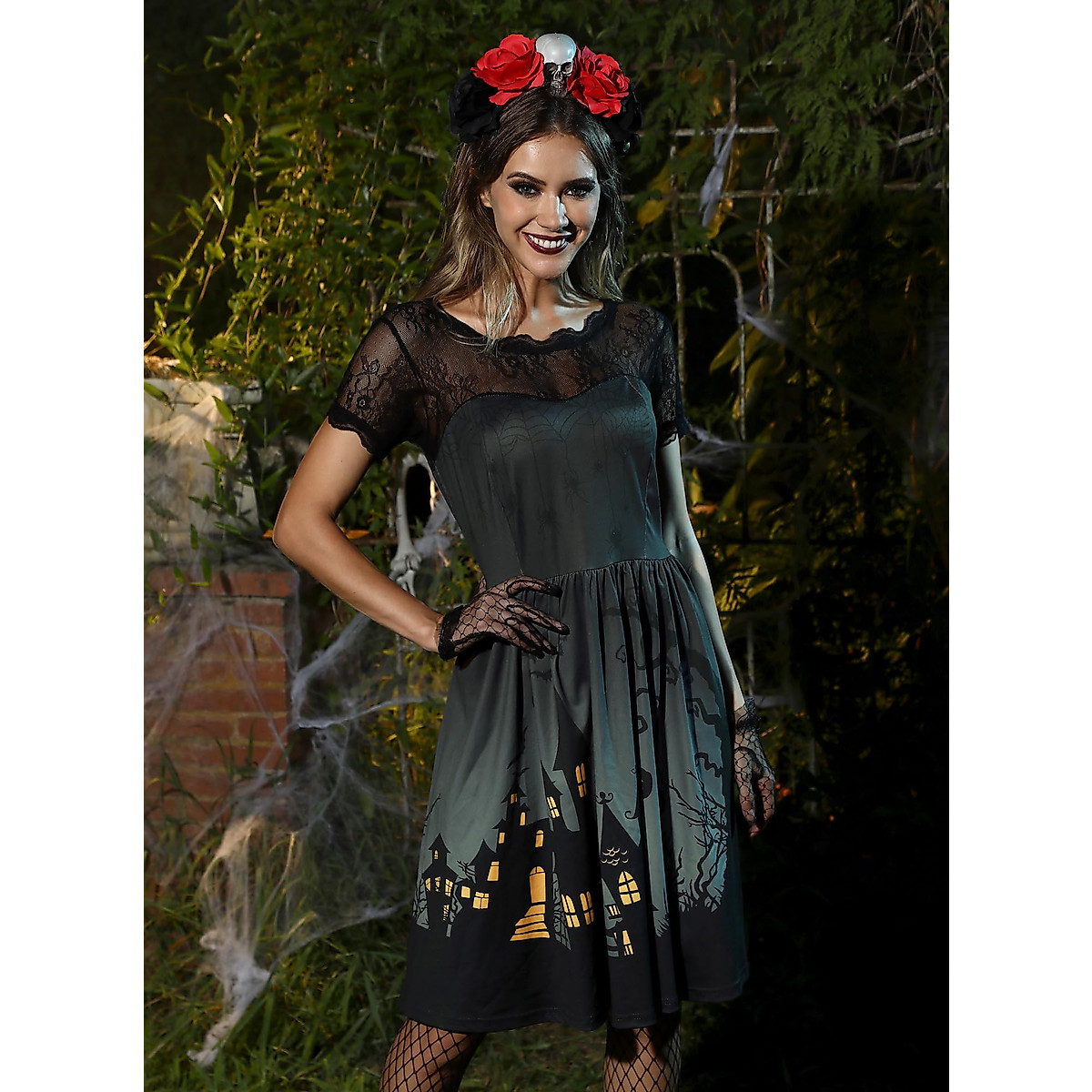 Women's Halloween Lace Sleeves Party Witch Costume Swing Pumpkin Vintage Dress Dark Night L