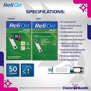 ReliOn Reli On Prime Blood Glucose Test Strips, 50 Ct Choice Bundle I Includes Food for Life Guide & Portable Pill Container (3 Items)!