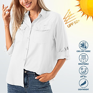 Women's Quick Dry Sun UV Protection Convertible Long Sleeve Shirts for Hiking Camping Fishing Sailing (5026 White L)