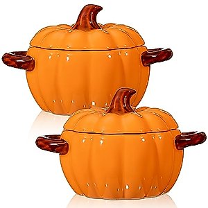 Uiifan 2 Pcs Pumpkin Bowls Ceramic Pumpkin Dish Casserole Cookware 17 oz Pumpkin Pots for Cooking Orange Cute Pumpkin Bowl Safe Oven Pot with Lid Double Ear for Halloween Thanksgiving Baking