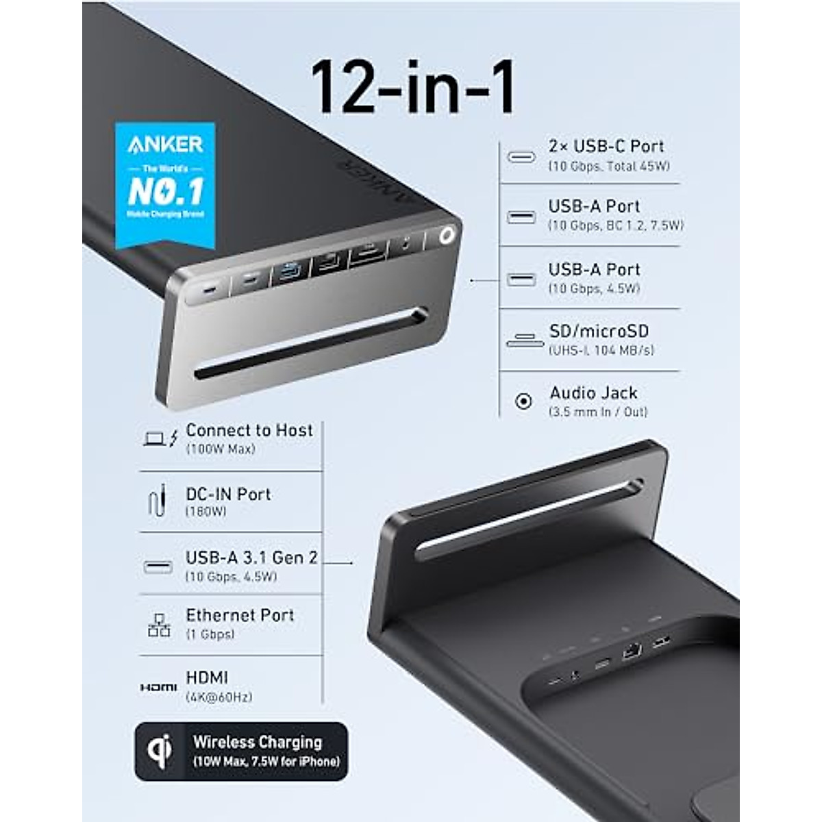 Anker 675 USB-C Docking Station (12-in-1, Monitor Stand) with 10Gbps USB-C Ports, 4K@60Hz HDMI Display, Wireless Charging Pad, for Lenovo ThinkPad, MacBook Pro M1 / M2 and More USB-C Devices