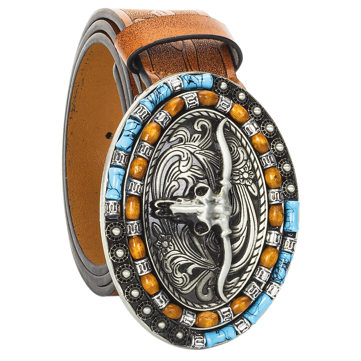 INOGIH Men-Western-Cowboy-Leather-Buckle-Belts-with-Longhorn-Bull-Floral-Engraved-Belt-Buckle-for-Jeans 33" to 42" Waist