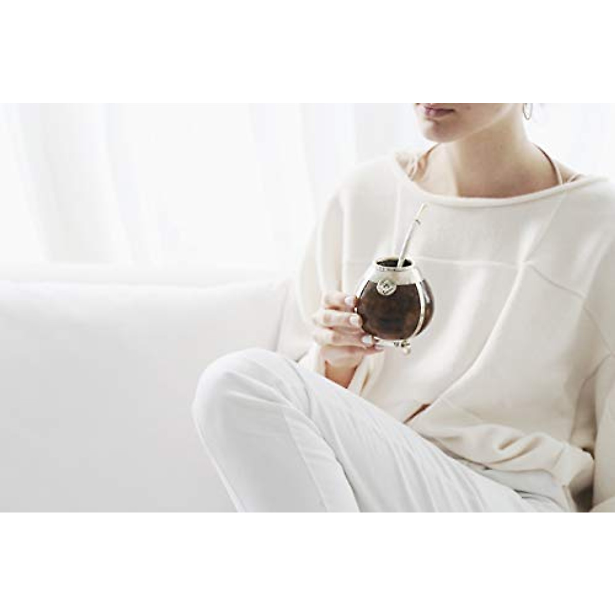 BALIBETOV [New Handmade Yerba Mate Gourd Set - German Silver Trim and Base - [Mate Cup] with Bombilla [Yerba Mate Straw] (Dark Brown)