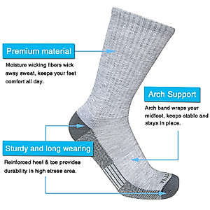 APTYID Men's Moisture Wicking Cushioned Crew Work Boot Socks, Size 9-12, Grey, 6 Pairs