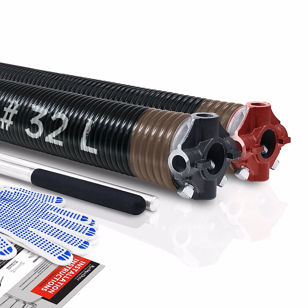 KaiMinDogz Pair of 2" Garage Door Torsion Springs Set with Non-Slip Winding Bar & Gloves,High Precision Electrophoresis Black Coated, for Replacement & Installation, MIN 16,000 Cycles (0.234x2''x32'')